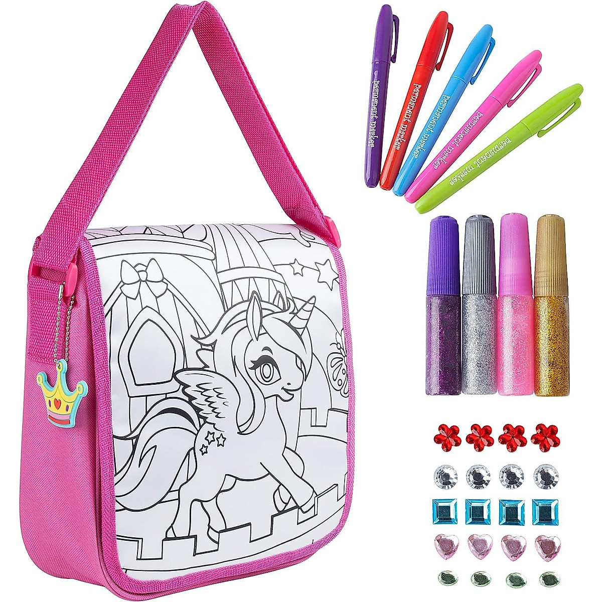 Dazmers Magical Unicorn Stuffed Animals Gift Set - 15" - Plush Unicor with Pink Sunglasses, Purse, Sparkling Gem Stones, Glitter, and 5 Markers - Perfect for Girls Who Love Unicorns, Stuffed Plushie