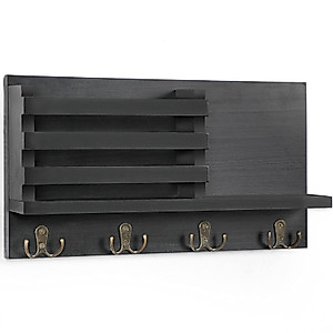 Lwenki Key & Mail Holder for Wall - Rustic Natural Paulownia Wood, 4 Double-Hook Hangers - Wall Mounted Organizer for Decor, Bags, Accessories - Hardware & Manual Included (Black)