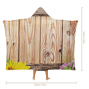 Warm Blanket, Wooden Wearable Hooded Blanket for Adults, Fence Garden Yard Summer Spring Daisy Flowers, Soft Warm Cozy, 60 x 80inches, Studying Reading Snuggling Napping Office, Brown Green Yellow
