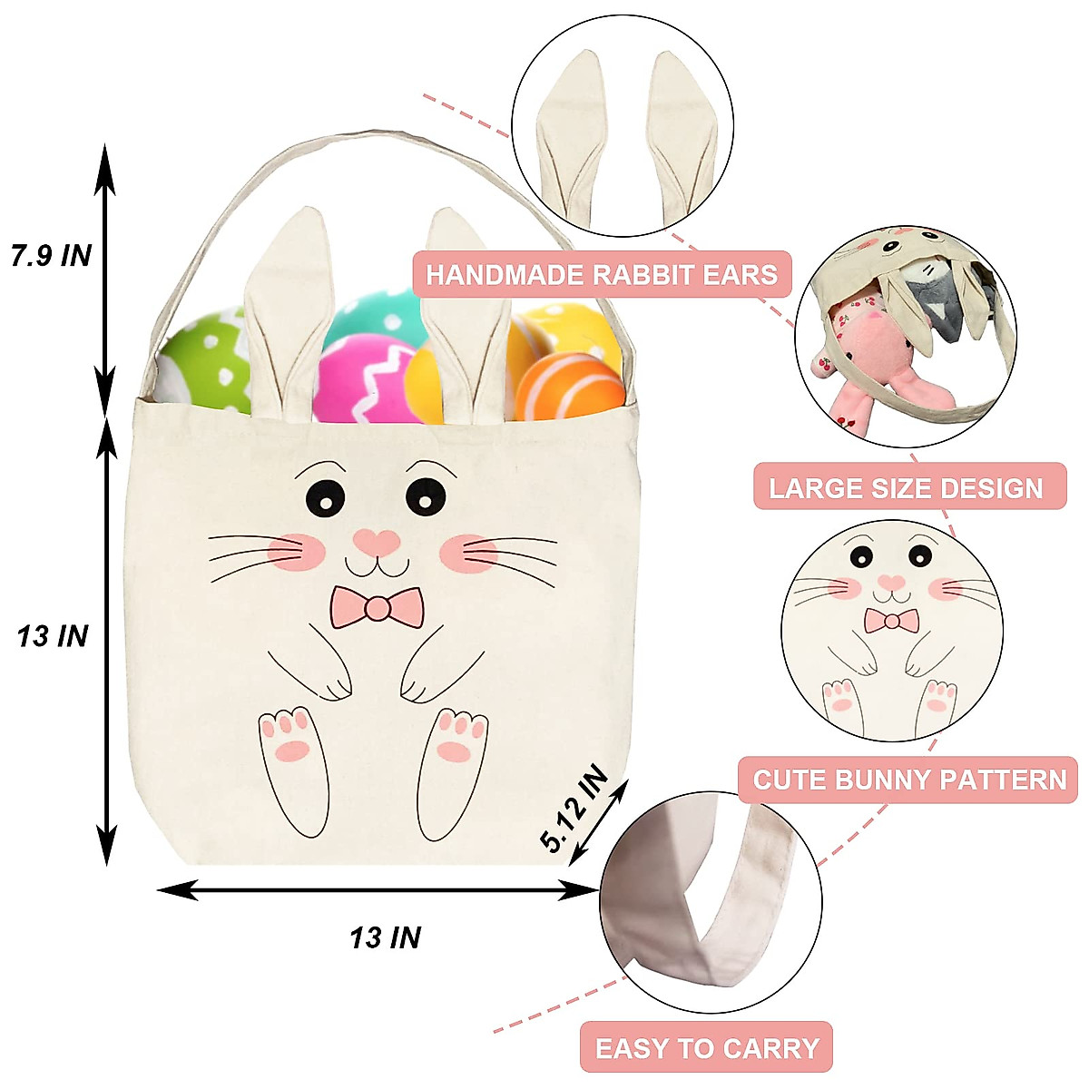 Bunny Easter Basket For Kids, Large Kids Easter Basket With Handle, Personalized Easter Basket For Girls Boys, Canvas Easter Baskets Empty With Foldable Bunny Ears Pink