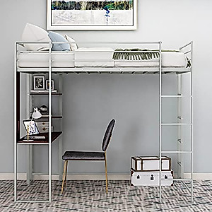 Merax Metal Loft Bed wit Desk and Shelves/Metal Slat Support/Space-Saving Twin, Silver