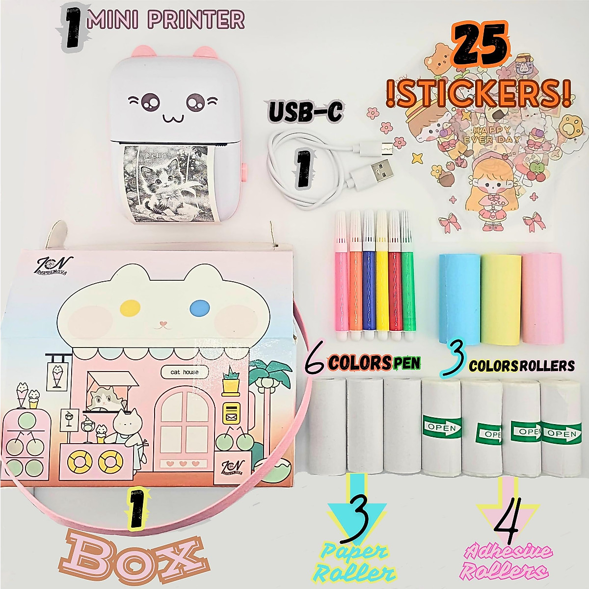 InspireNova Mini Pocket Printer-Sticker Printer-Inkless Printer-10 Rolls Paper-Fun-Gift for Kids-Portable Thermal Printer-Pictures-Receipts-Notes-Lists-Label-Used in Home Office- Android or iOS APP