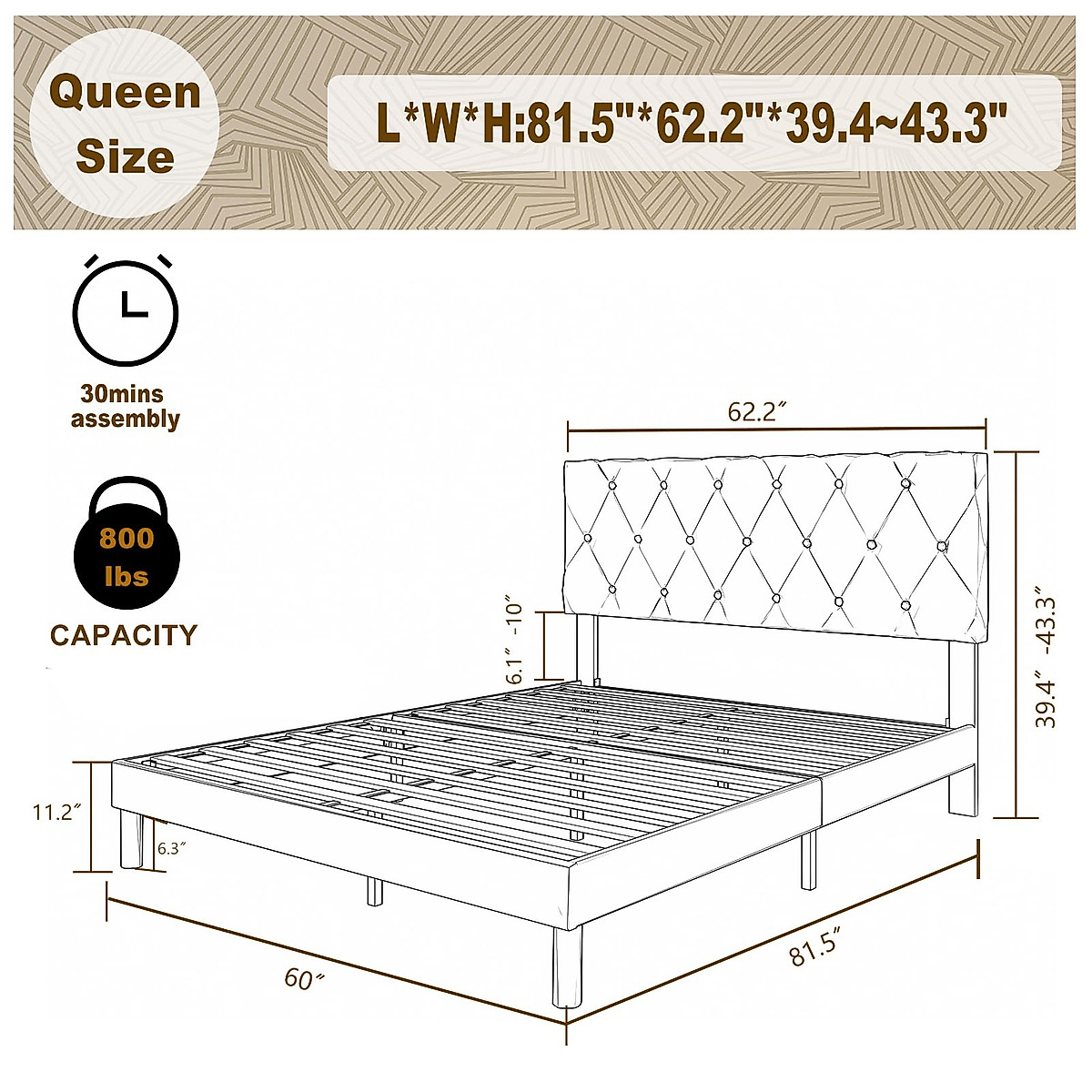 Mhjinuwet Queen Size Bed Frame, Velvet Upholstered Platform with Headboard, Easy Assembly, No Box Spring Needed, Non-Slip and Noise-Free with Strong Wooden Slats (Beige, Queen (U.S. Standard))