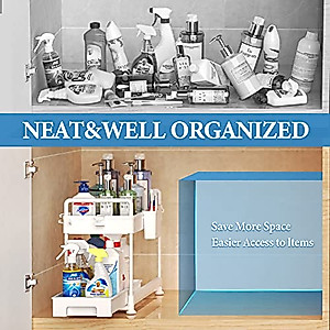 SOYO Under Sink Organizers and Storage 2 Pack, Bathroom Organizer Under Cabinet Storage, Undersink Sliding Basket Drawer for Kitchen Organization, Pull Out Shelf with Handles, Hanging Cups, White