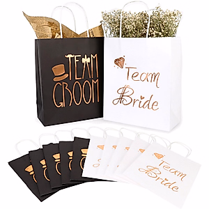 OurWarm 12pcs Wedding Party Gift Bags 6 Groomsmen 6 Bridesmaid Gift Bags Paper Bags with Handles for Bachelorette Party Bridal Shower Favors, Rose Gold Foiled Team Bride Team Groom