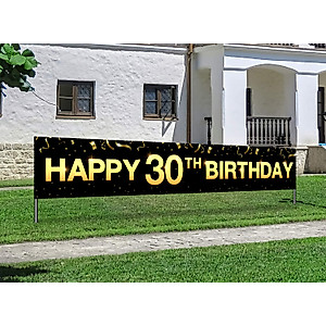 Greatingreat Large Cheers to 30 Years Banner, Black Gold 30 Anniversary Party Sign, 30th Happy Birthday Banner(9.8feet X 1.6feet)