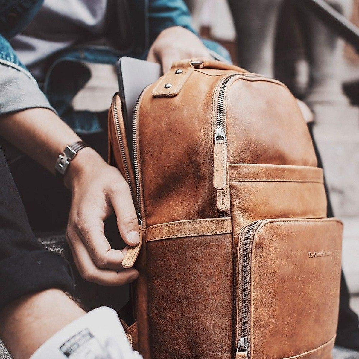 Chesterfield Brand College Backpack Austin genuine leather laptop backpack | Campus backpack for college, teacher and business, daypack in cognac | with notebook compartment