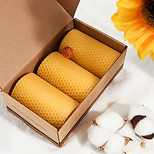 Beeswax Pillar Candles Set of 3 - Handmade Pure Beeswax Rolled Candles for Gift & Home Decor (2×3.3 in)