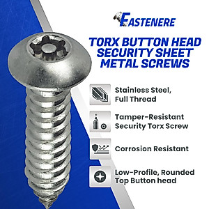 Fastenere Torx Security Sheet Metal Screws - #8 x 3/4" (25-Pack) Button Head, Tamper-Resistant, Anti Theft Stainless Steel Screws for Higher Level of Safety & Secure Fastening Solution