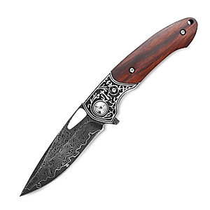 Siitivien ST205 Damascus Steel Folding Knife, VG10 Core Blade, Desert Ironwood+CNC Precision Carving Handle Pocket Knife, EDC Tatical Tool Knife for Outdoor, Camping, Hunting, Hiking, Survival … …