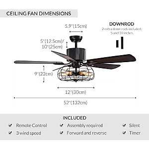 NOXARTE 52 inch Farmhouse Industrial Ceiling Fan with Light and Remote, Vintage Black Cage Fandelier, 5 Reversible Blades Chandelier Fans Light Kit for Bedroom Living Room, Quiet Motor