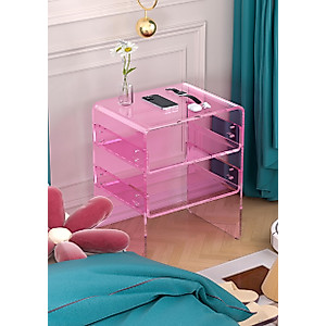 Clear Acrylic 3-Tier End Table/Nightstand – Sleek Bedside Storage with Durable Design, Perfect for Bedrooms, Living Rooms, or Modern Interiors – Ideal as a Bedside Table or Sofa Side Piece (Pink)