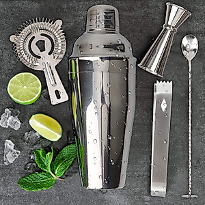 8 Piece Cocktail Shaker Set, Bartending Kit - 24 Ounce Cocktail Shaker, Spoon, Ice Tong, Muddler, Jigger, Strainer, Pourers