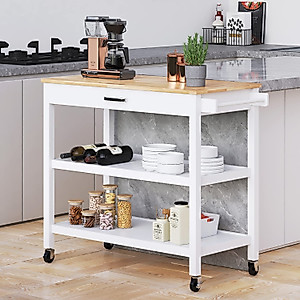 Kitchen Island Carts on Wheels with Storage – Mobile Rolling Cart with Storage Drawer and Shelves, Kitchen Islands Table with Towel Rack, Rubberwood Top, for Kitchen and Dining Room, White