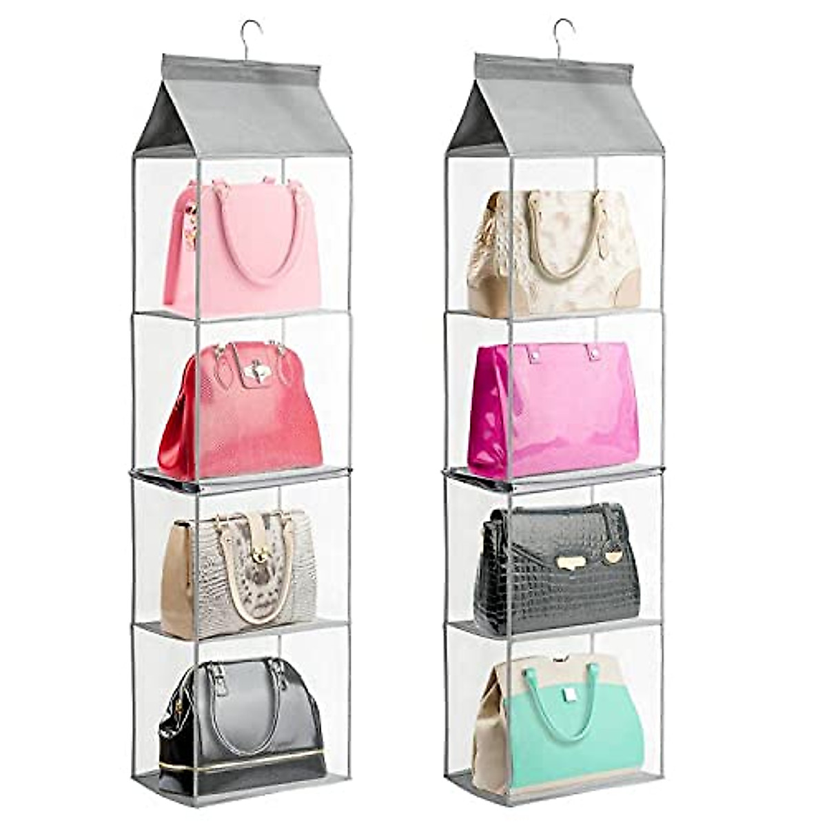 Febou 2 Pack Hanging Purse Organizer for Closet, Detachable Hanging Handbag Storage Purse Holder with 4 Mesh Shelves for Wardrobe Closet Purse Organizer (Grey)