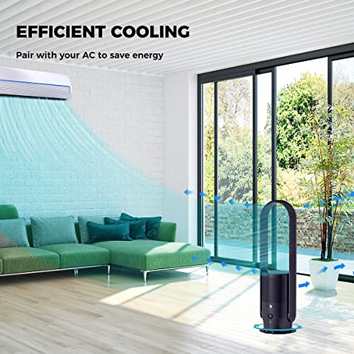 ULTTY Bladeless Tower Fan and Air Purifier in one, 90° Oscillating Bladeless Fan with Remote, Touch, 8H Timer, Floor Fans for Bedroom Whole Room Home Office R021, Black