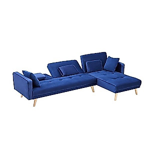 Goohome 104.50" L Shape Sectional Sofa, Mid-Century Velvet Upholstered Convertible Sleeper Sofá Bed W/Chaise Lounge, Removable Armrests,Split Back Folding Futon Couches for Living Room, F-Blue a