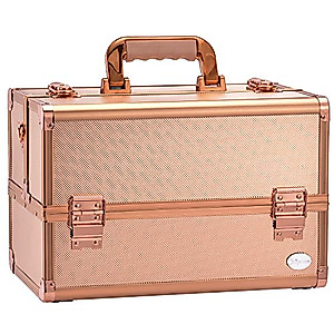 Joligrace Makeup Train Case Professional - 13.5 Inch Portable Artist Lockable Aluminum Cosmetic Organizer Storage Box with 4 Adjustable Dividers Trays 2 Locks and Shoulder Strap Rose Gold