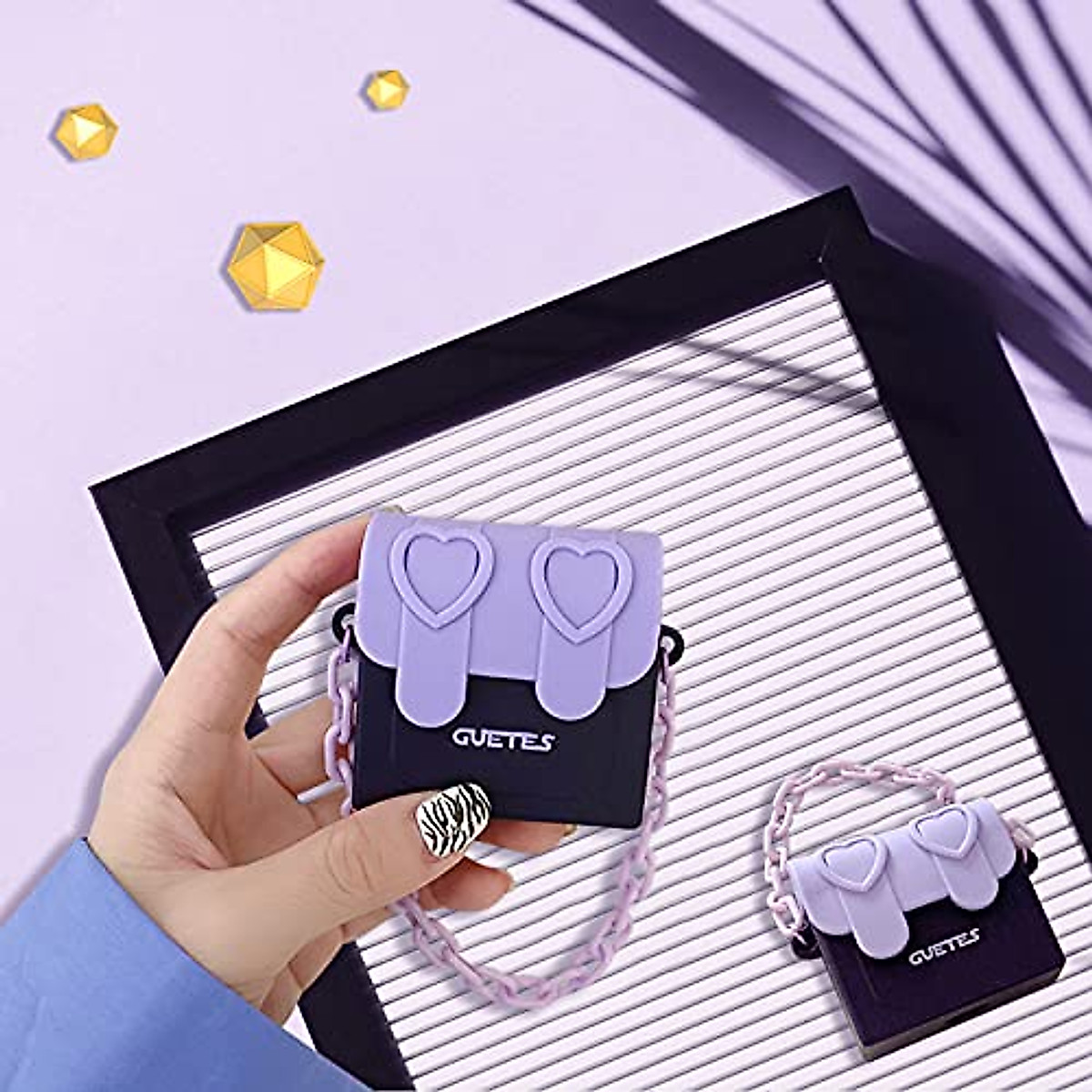 NC Airpod Pro Case Cute for Women, Funny Chain Bag 3D Silicone Case, Protective Accessories CasesKeychainPompomStrap, Compatible with Apple Airpods (2019) for Girl (Purple), 6x4x7cm