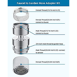 Faucet to Garden Hose Adapter Kit, Sink Hose Attachment Faucet Adapter to Garden Hose 360-degree Swivel with Removable Faucet Aerator Garden Hose Sink Adapter Including Female Adapter- Chrome Finished