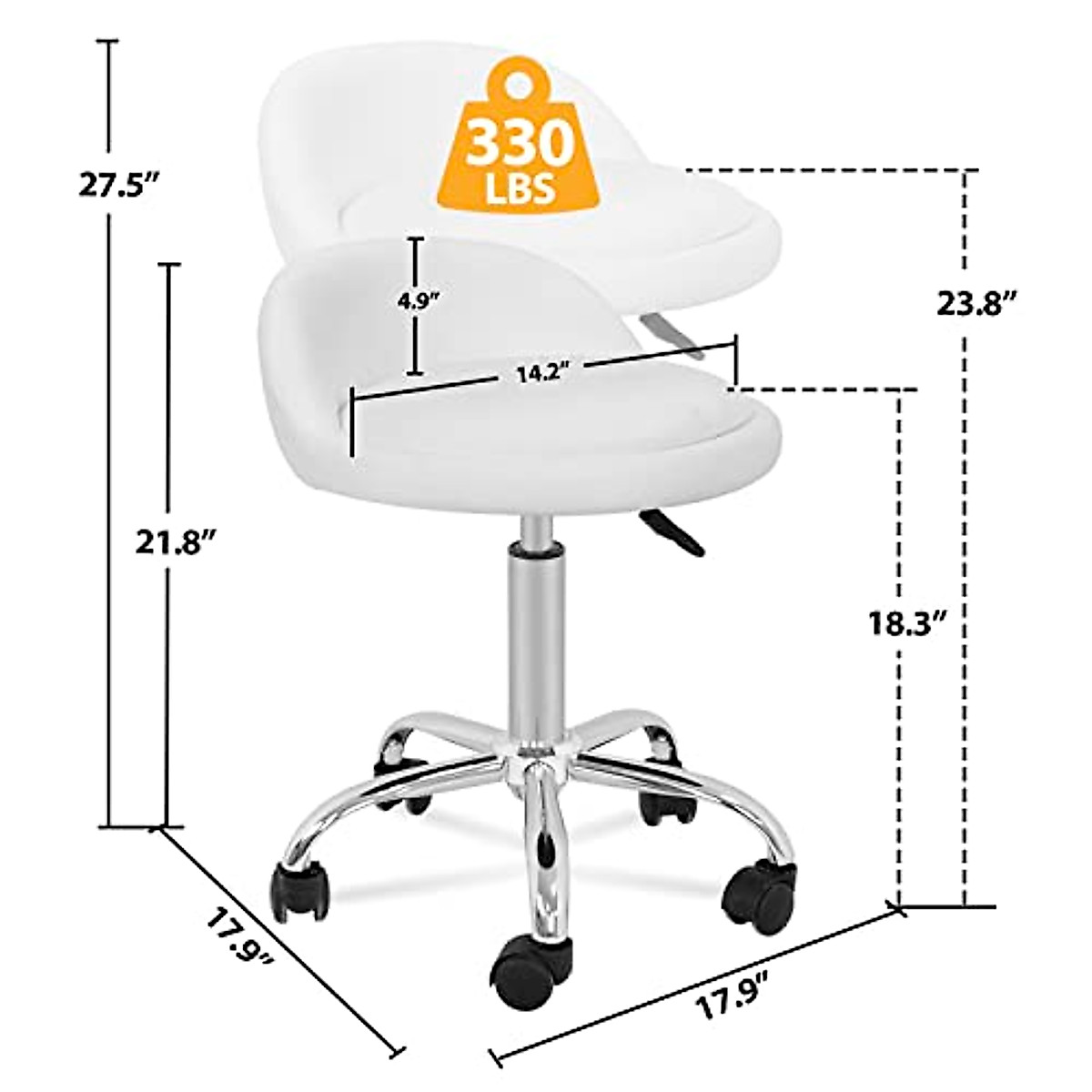 HomGarden Adjustable Hydraulic Rolling Swivel Stool for Massage Salon Office Facial Spa Medical Tattoo Chair Stool w/Backrest Cushion & Wheels (White 1pcs)