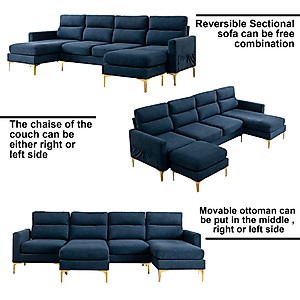 URRED Sectional Sofa Couch, 4 Seat U-Shaped Sofa Set for Living Room,Velvet Fabric Convertible Modular Sofa Sleeper with Double Chaise/Oversized Seats/Comfortable Backrest, Blue