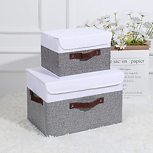 LaMorée Fabric Storage Bin with Lid Faux Leather Handle Foldable Cotton Linen Storage Basket Rectangular Cube Box Decorative Lidded Home Office Laundry Closet Organizer – Gray and White, Large