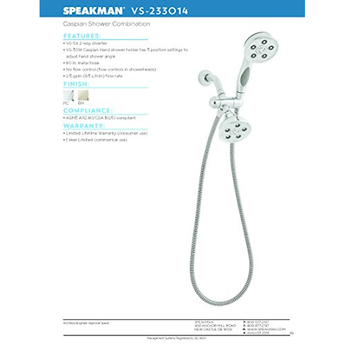 Speakman VS-233014-BN Caspian Anystream 2-Way Shower Combination, 2.5 GPM, Brushed Nickel