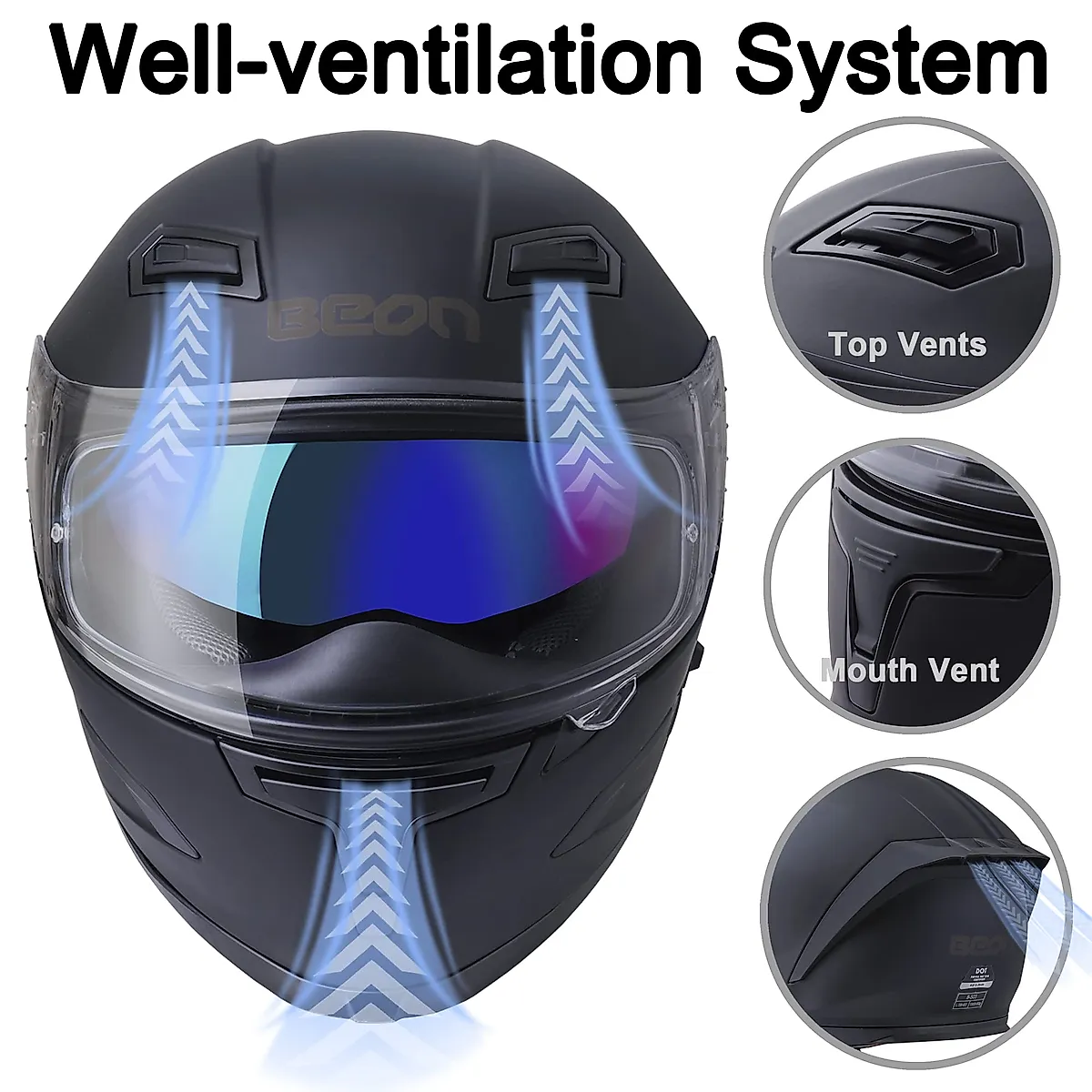 BEON Full Face Motorcycle Helmet, Street Bike Helmet with Clear&Tinted Visors and Multiple Vents, Motocross Casco DOT Approved for Adult Men Women, S-XL (L, Matte Black)
