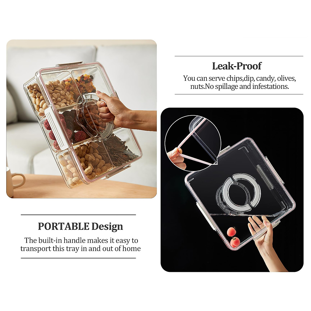 YouLike 12'' Large Divided Snackle Box Charcuterie Container with Handles and Lids 6 Removable Compartment Fruit Serving Tray for Veggie Meal Prep Fridge Storage Box