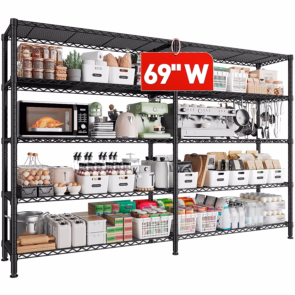 REIBII 69" W Storage Shelves Heavy Duty Load 1600LB,Garage Shelving 5-Tier Wire Shelving Unit Metal Shelves for Storage Adjustable Shelving Rack for Pantry Kitchen Bathroom 69" Wx15.75 Dx72.5 H