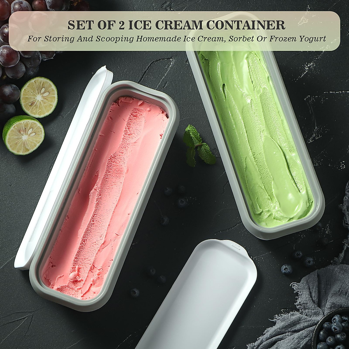 Ice Cream Containers，2Pack Ice Cream Containers for Homemade Ice Cream（1.5 Quart Each），Reusable Plastic Ice Cream Tubs Storage Containers Ice Cream Cups with Lids for Freezer
