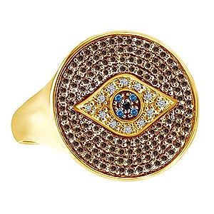 AFFY Round Cut Simulated Blue Sapphire Natural Diamond Evil Eye Circle Ring in 14K Solid Yellow Gold