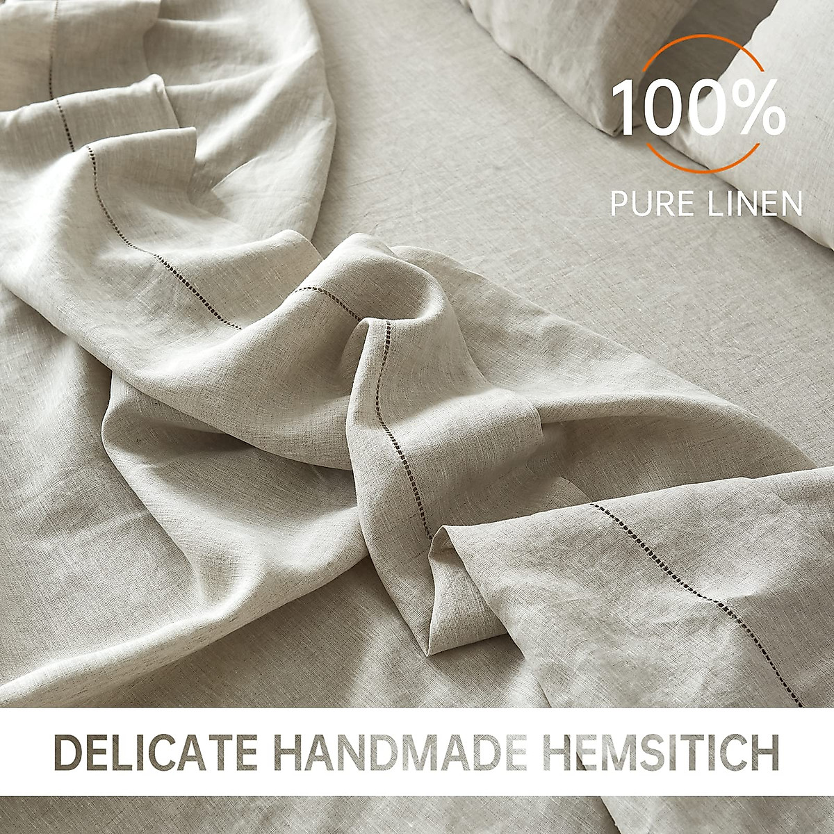 Simple&Opulence 100% Belgian Linen Sheet Set Handmade Hemstitch Linen Full Size Bed Sheet-4 Piece (1 Flat Sheet+1 Fitted Sheet+2 Pillowcases)-Natural Flax Farmhouse Bedding