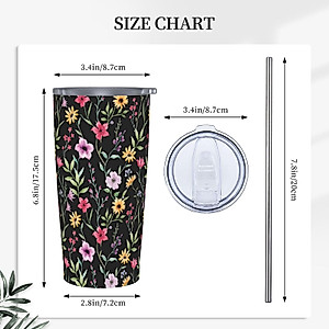 JASROTAO Beautiful Colorful Flowers Tumbler, Black Floral 20oz Stainless Steel Insulated Travel Tumbler,Travel Coffee Mug with Lid and Straw Cups Gifts for Women Men