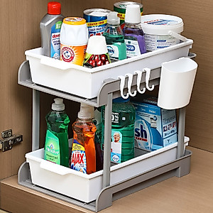 2 Tier Slide Out Under Sink Organizers and Storage with Removable Dividers - Undersink Cabinet Drawers for Bathroom, Kithcen Cleaning and Organization - Multiuse Home Pull Out Organizing Tray, 1 Set
