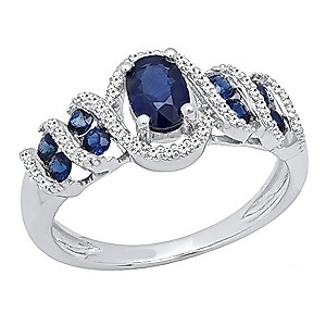 Dazzlingrock Collection Sterling Silver 6X4 MM Lab Created Oval & Round Blue Sapphire & Round Diamond Women Ring, Size 4.5