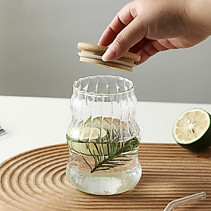 MISNODE 4 PCS Drinking Glasses with Wood Lids and Glass Straw, 16.9 oz Glass Cups Beer Can Glass Ice Coffee Cup Creative Tumbler with Lid and Straw for Home Office Bar Restaurant