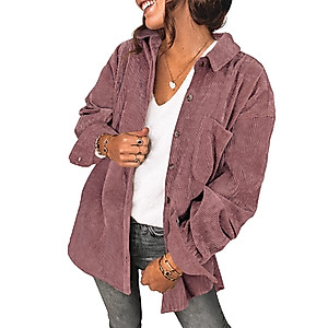 Saslax Womens Corduroy Shirt Long Sleeve Oversized Button Up V Neck Blouses Tops Loose Shacket Jacket with Pockets Mauve L