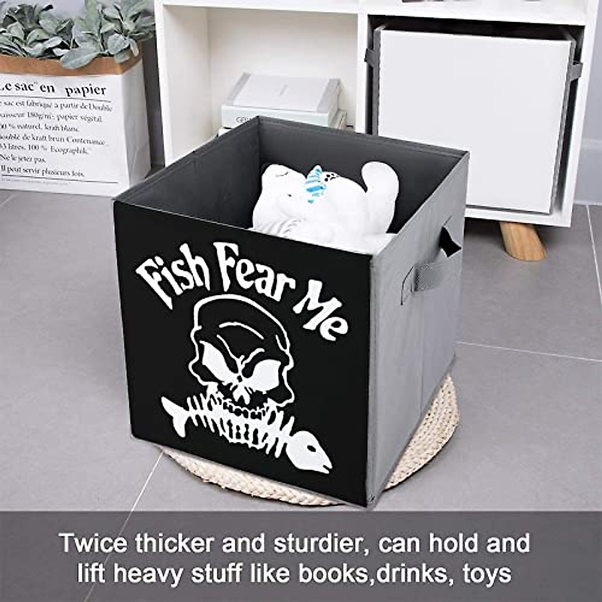 Fish Fear Me Canvas Collapsible Storage Bins Cube Organizer Baskets with Handles for Home Office Car