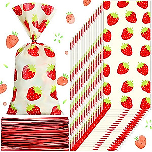 100 Pieces Strawberry Treat Bags Strawberry Cellophane Party Bags Strawberry Plastic Goody Candy Bags with 200 Red Twist Ties for Strawberry Themed Party Birthday Party Decoration Supplies