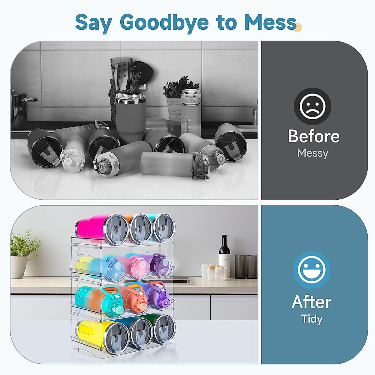 IROONN Large Compartment Water Bottle Organizer, Stackable Water Bottle Organizer for Cabinet, 4 Tier Water Bottle Holder for Kitchen Pantry, Plastic Wine Rack Tumbler Travel Cups Storage