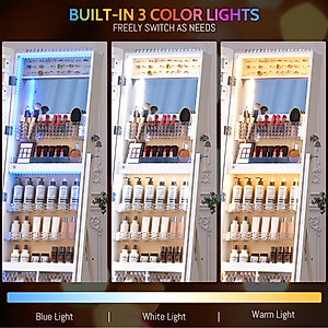 LVSOMT RGB LED Jewelry Mirror Cabinet, Standing Jewelry Armoire Organizer, Stand Up Full-Length Mirror with Jewelry Storage, LED Lighted Floor Mirror, 14 Lights + Dimmable + Adjustable Speed, White