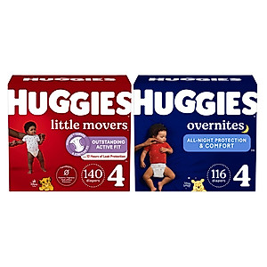 Huggies Little Movers + Overnites Bundle: Huggies Little Movers Baby Diapers, Size 4 (22-37 lbs), 140ct (2 packs of 70) & Huggies Overnites Overnight Diapers, Size 4 (22-37 lbs), 116ct (2 packs of 58)