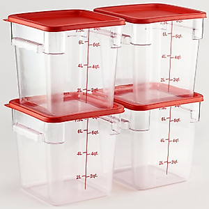CURTA 4 Pack Food Storage Container with Red Lid - NSF Listed Commercial Grade in 8.0 Qt - Square, Clear, Polycarbonate