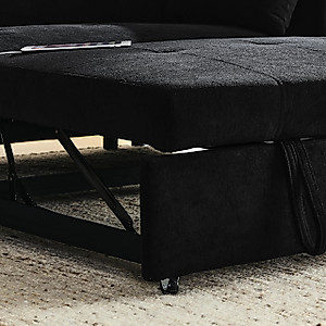 Linique 54'' Convertible Pull-Out Sleeper Sofa Bed with USB Power Outlet, Chenille Upholstered Sleeper Sofabed with Adjustable Backrest/Side Pockets/Cup Holders/Lumbar Pillows (Black)