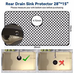 TOOVEM Silicone Sink Protectors for Kitchen Sink, 28'x 15 inches Kitchen Sink Mats for Bottom of Farmhouse Stainless Steel Porcelain Sink with Rear Drain, Black