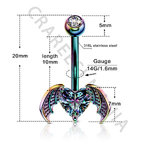 CM Crareesi Mania Navel Piercing Jewelry 14G Bat Belly Button Ring 316L Stainless Steel 10mm Belly Ring Rainbow Belly Button Piercing Jewelry for Halloween