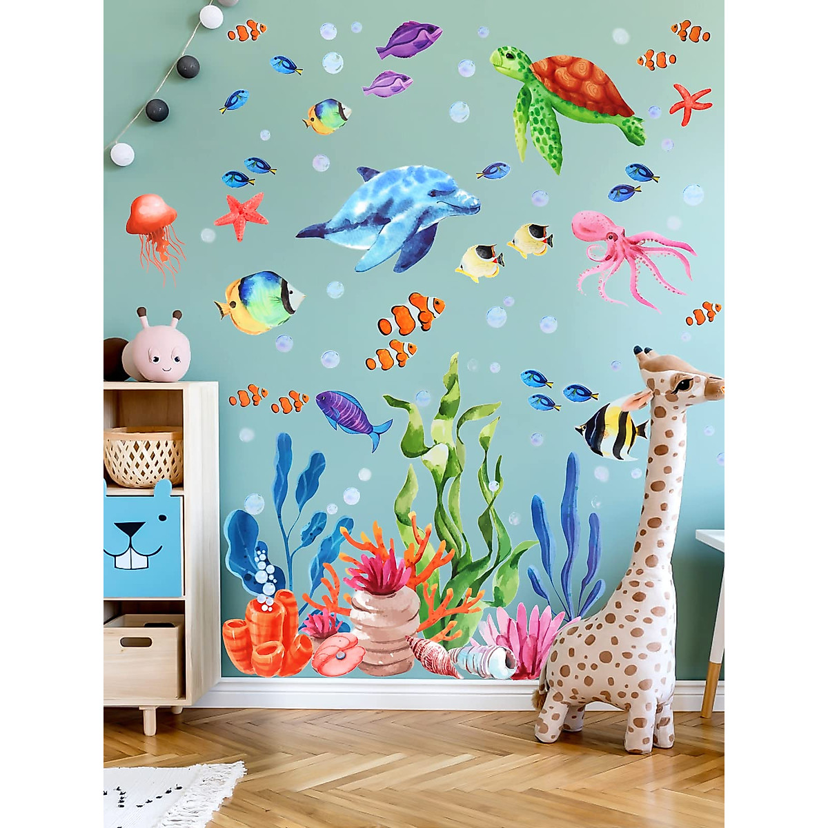 Kalolary Under The Sea Wall Decals Sea Turtle Whale Dolphin Starfish Wall Stickers 3D Coral Reef Ocean Grass Bubbles Wall Decals Wall Decoration for Wall Corner Nursery Room Children Bedroom Bathroom
