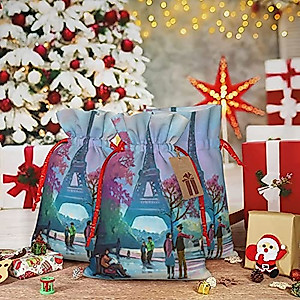 Drawstrings Christmas Gift Bags Spring-Eiffel-Tower-France Presents Wrapping Bags Xmas Gift Wrapping Sacks Pouches Medium
